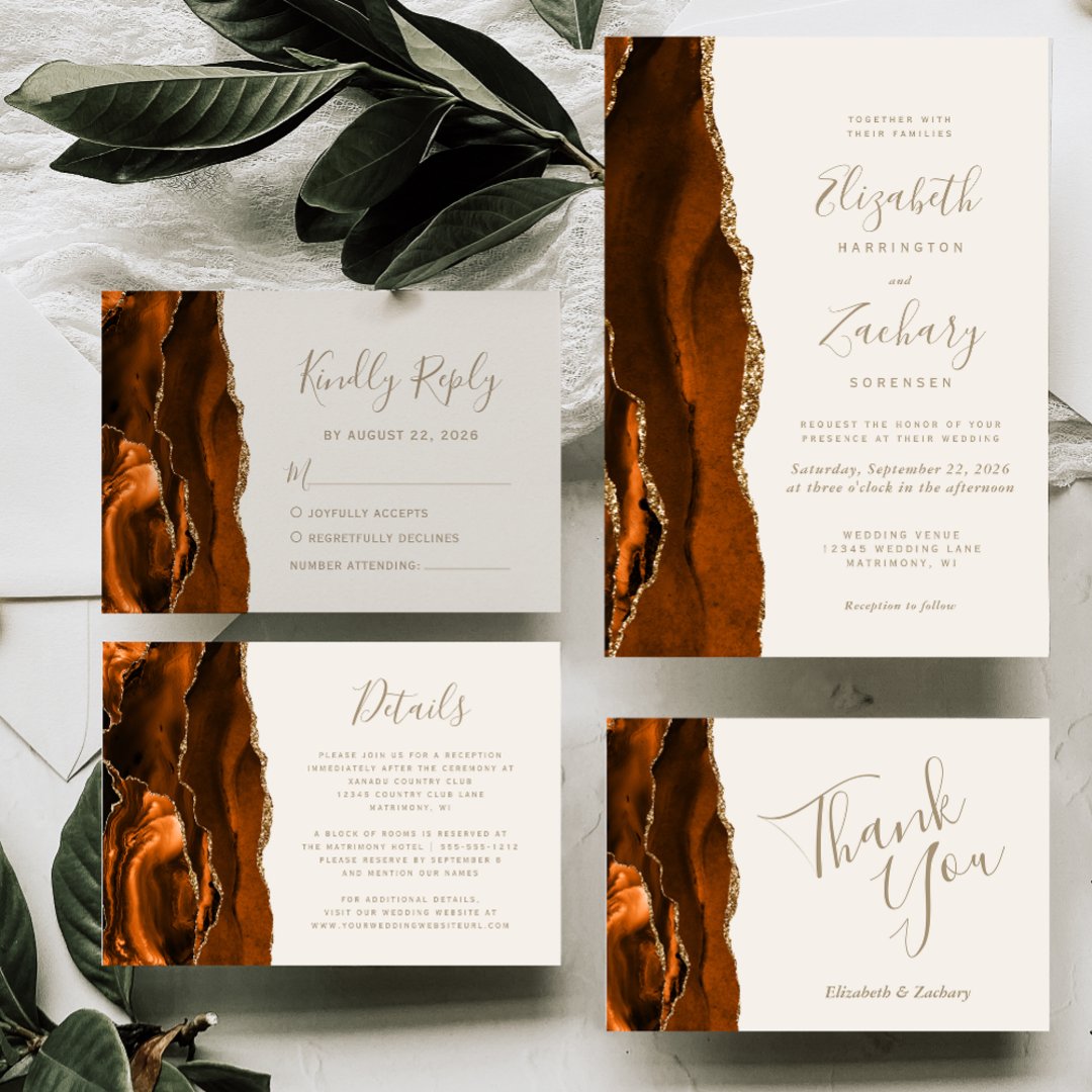 Modern Burnt Orange Gold Agate Ivory Wedding All In One Invitation | Zazzle