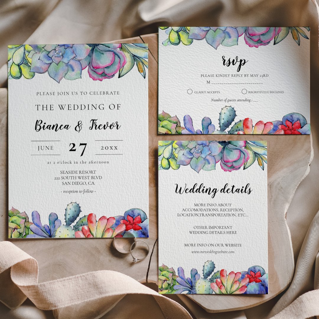 Succulent cactus watercolor wedding invitation | Zazzle