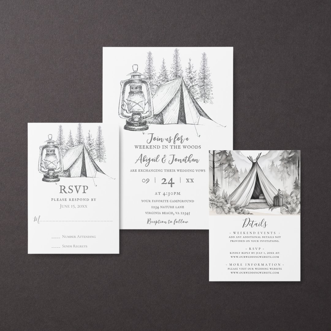 Tent, Lantern and Woodland Sketch Camping Wedding Invitation | Zazzle