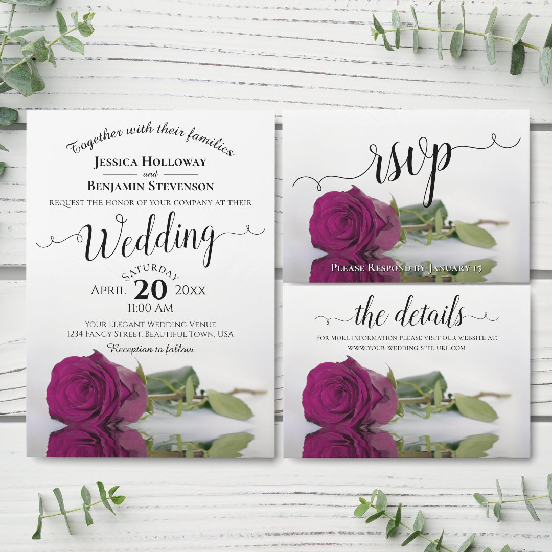 Simple Magenta Rose BUDGET Wedding Invitation | Zazzle