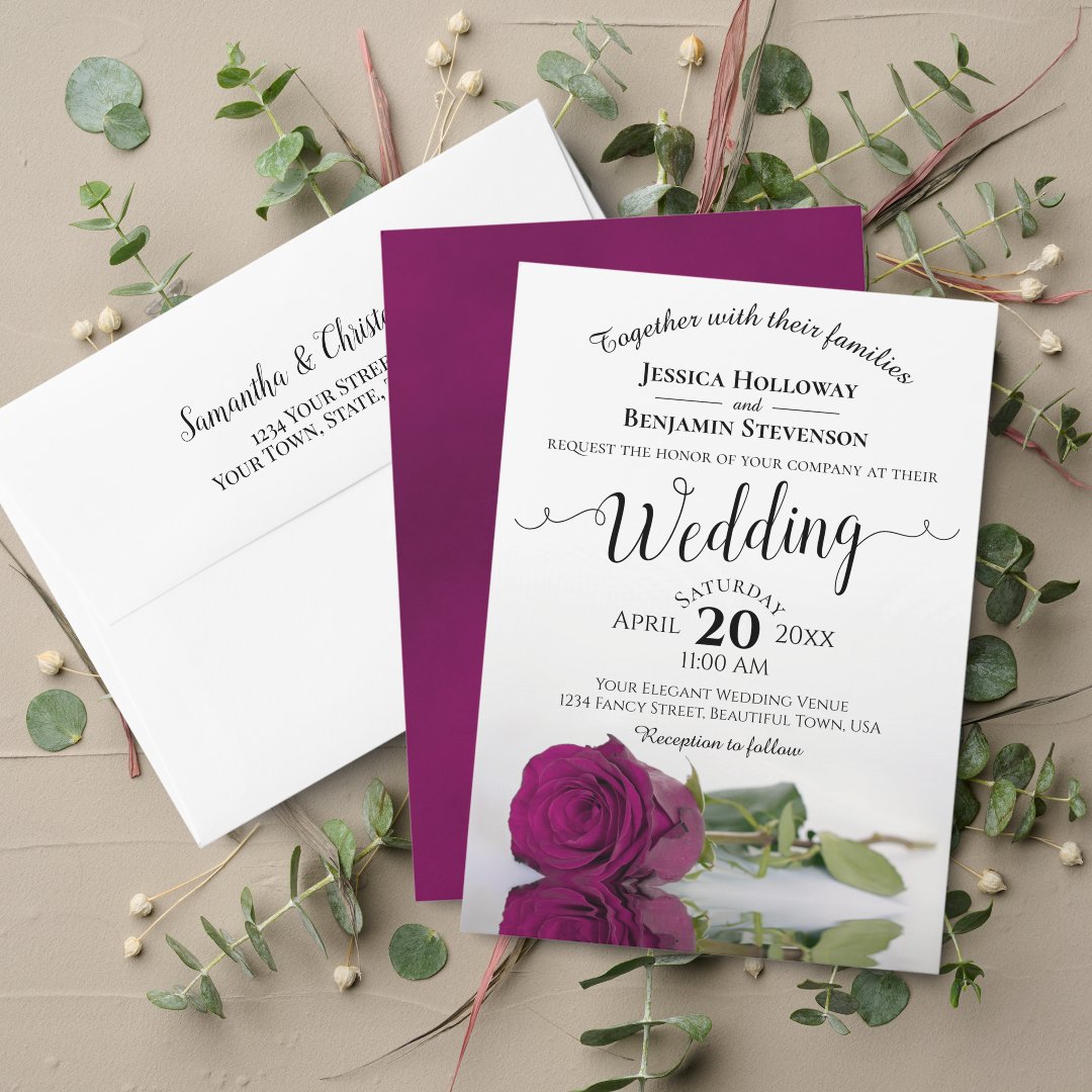 Just Love Elegant Magenta Rose QR Code Wedding Invitation | Zazzle