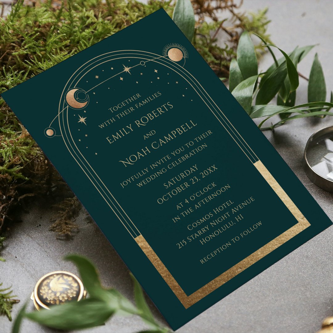Mystical Green Gold Celestial Bridal Shower Invitation | Zazzle