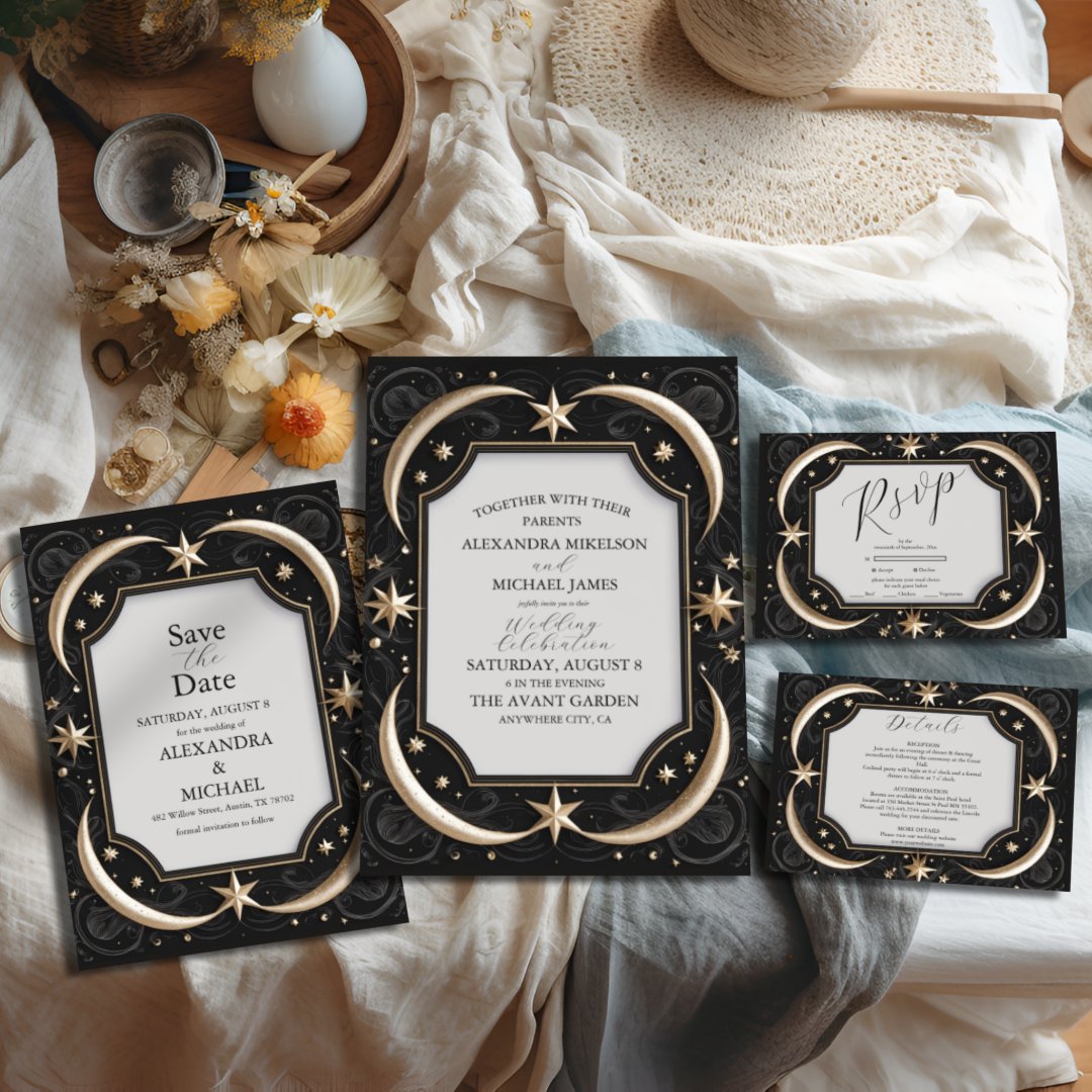 Celestial Midnight Black Stars Moon Wedding Invitation | Zazzle