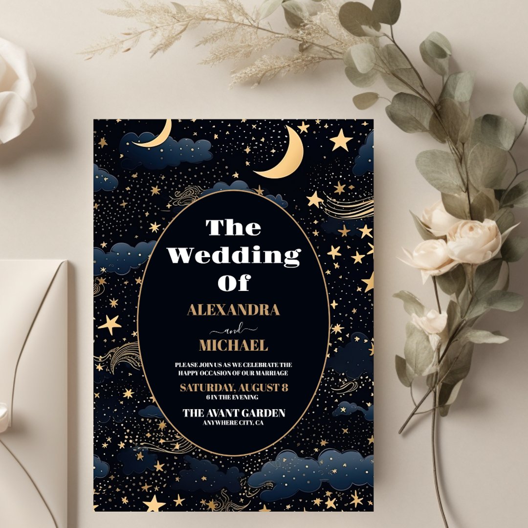 Celestial Midnight Blue Stars Moon Wedding Save The Date | Zazzle