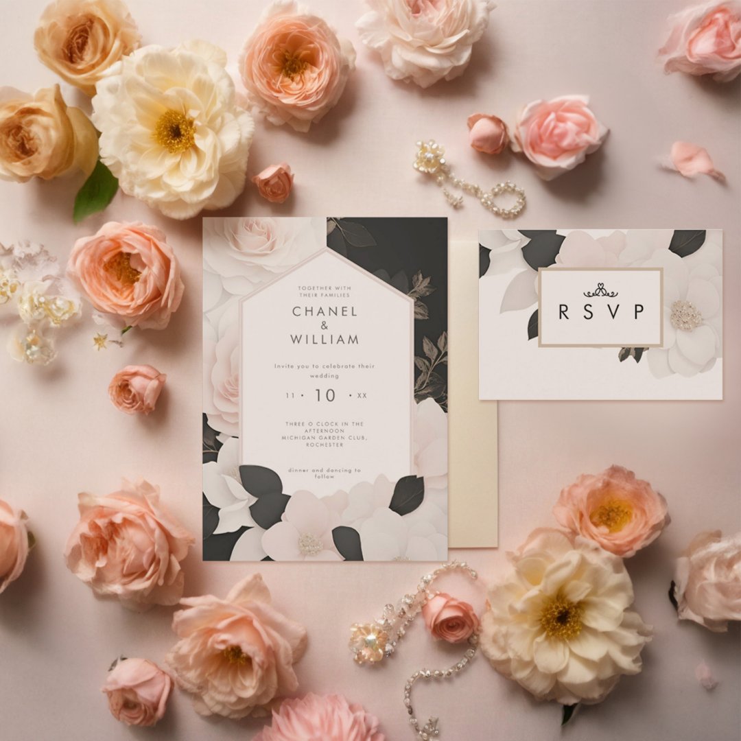 Chanel-inspired blush pink floral wedding invitation | Zazzle