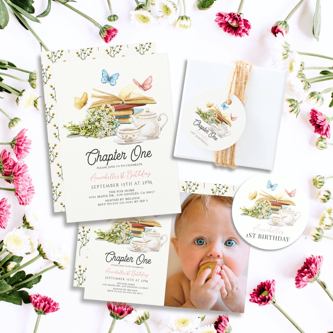 Chapter One Tea Butterfly Storybook 1st Birthday Invitation | Zazzle