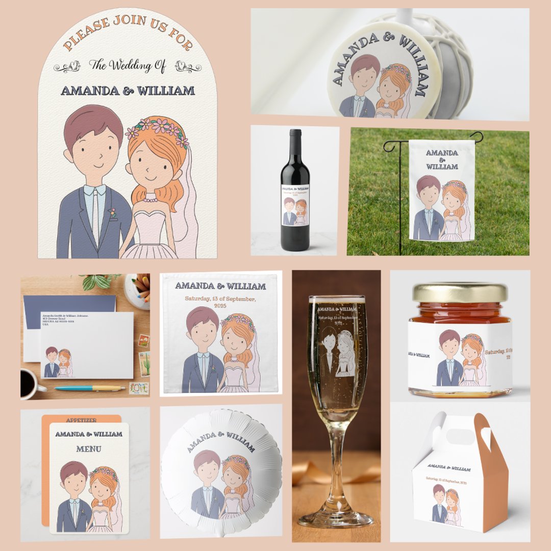 Simple, Cartoon-Iike Spouses Illustration Wedding Foil Favor Tags | Zazzle