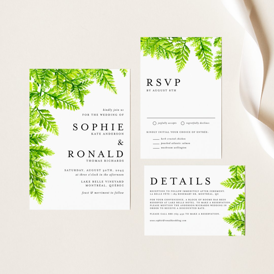 Watercolor Chartreuse Green Fern Leaves Wedding Menu | Zazzle