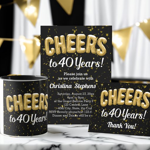 Gold Balloons Cheers to 40 Years 40th Birthday Invitation | Zazzle