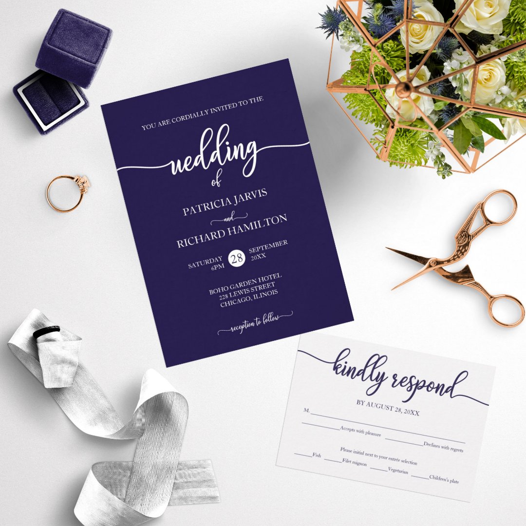 Simple Elegant Navy Blue Calligraphy Bridal Brunch Invitation | Zazzle