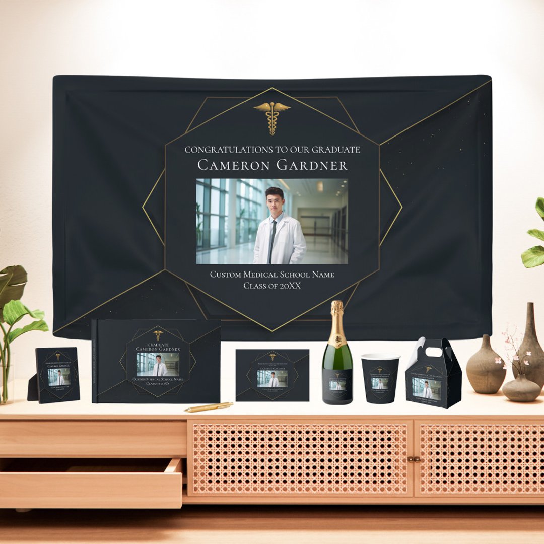 Chic Black Gold Medical School Photo Graduation Thank You Card | Zazzle