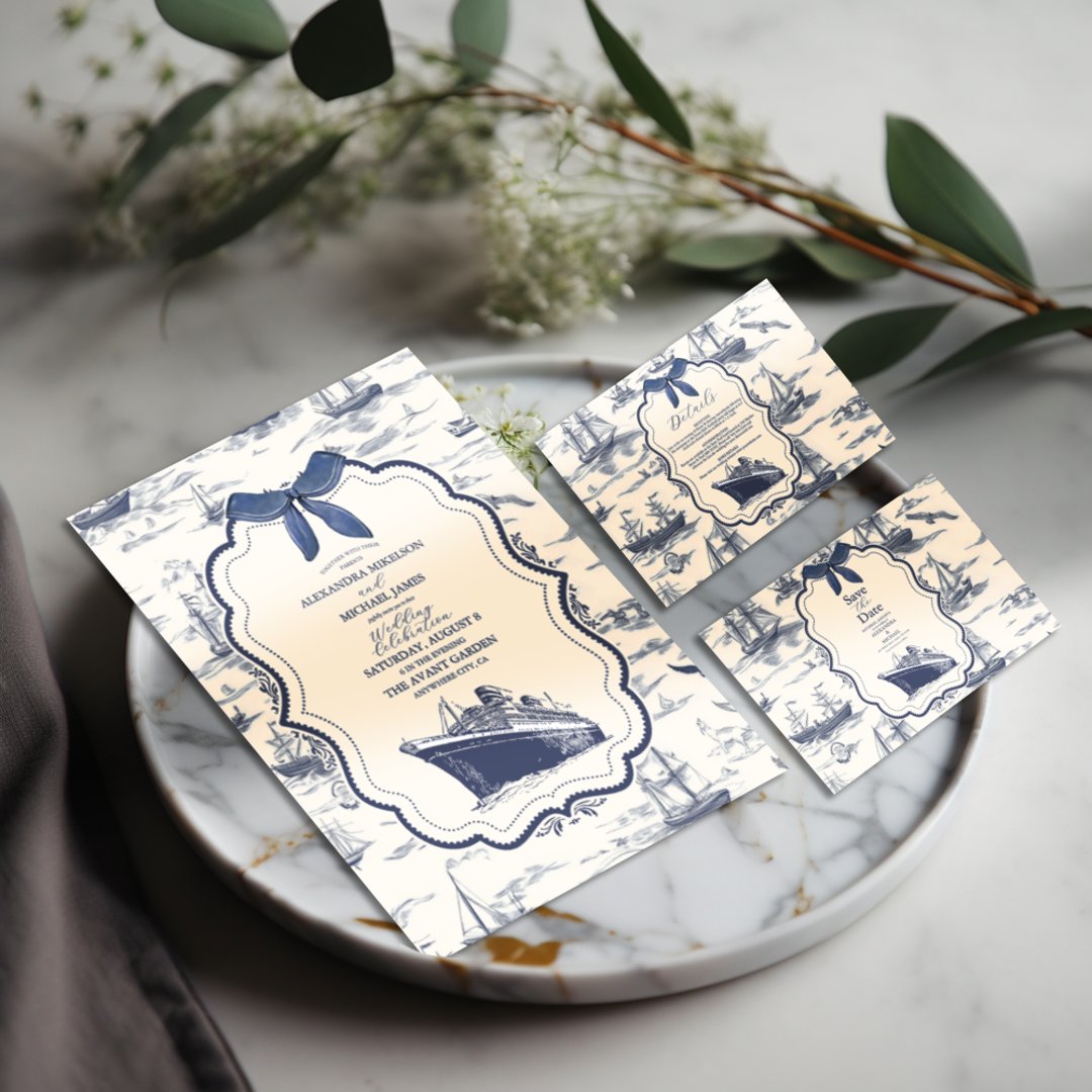 Chic Nautical Toile de Jouy Bow Wedding Save The Date | Zazzle