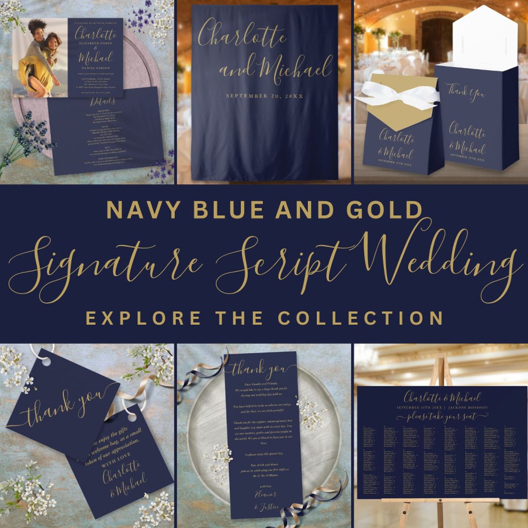 Navy Blue Gold Script Name Wedding This Way Arrow Sign | Zazzle