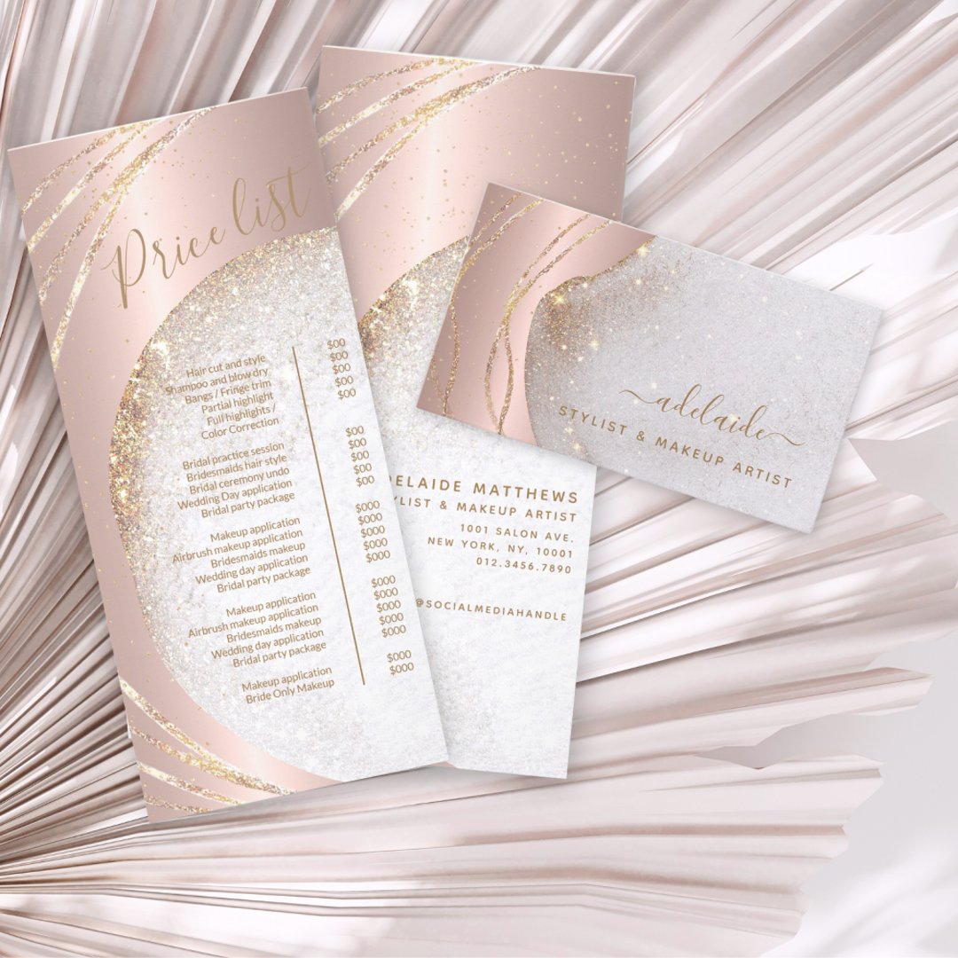 Rose Gold Glitter Hair Stylist Salon Price List Rack Card | Zazzle