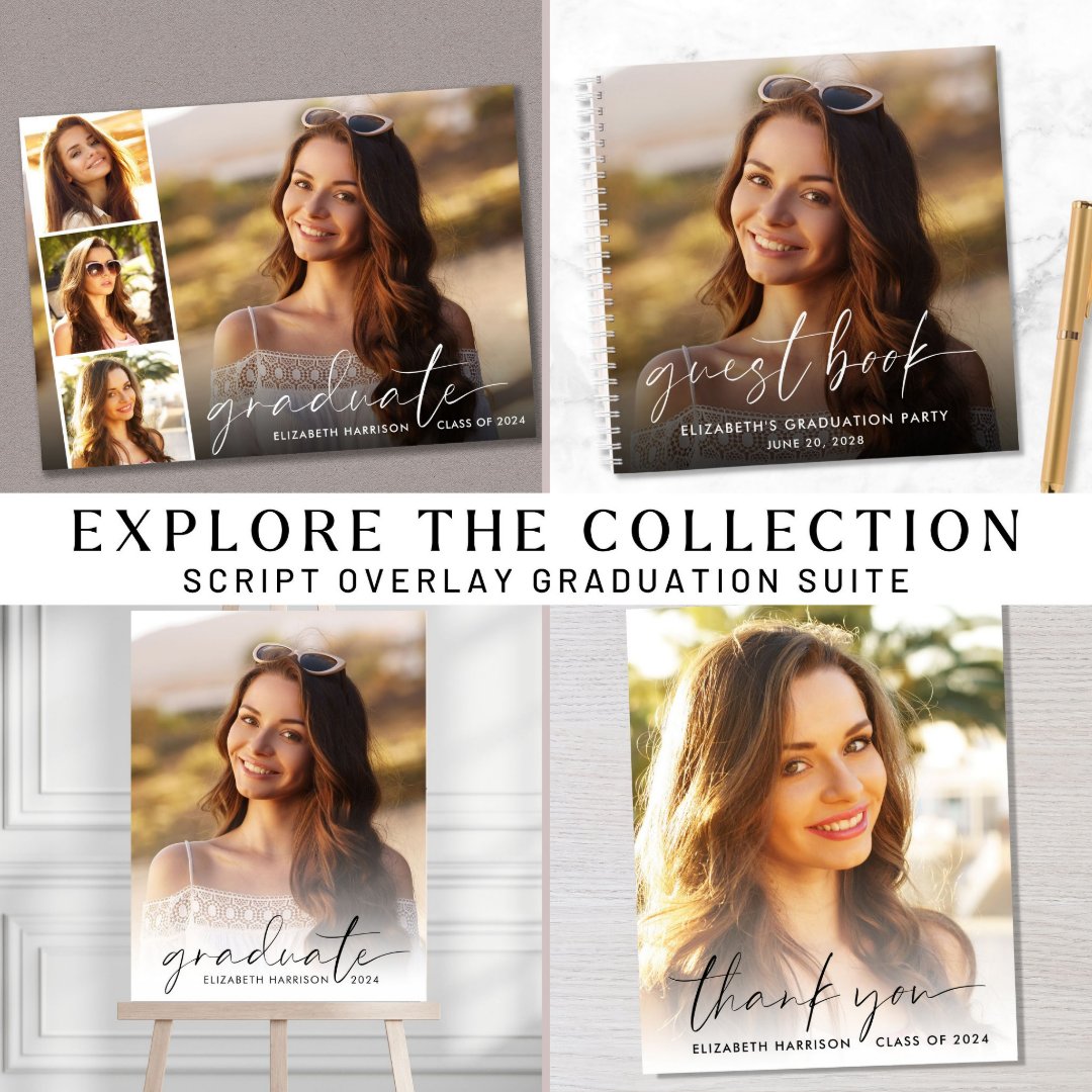 Elegant Script Overlay Photo Graduation Thank You Postcard | Zazzle