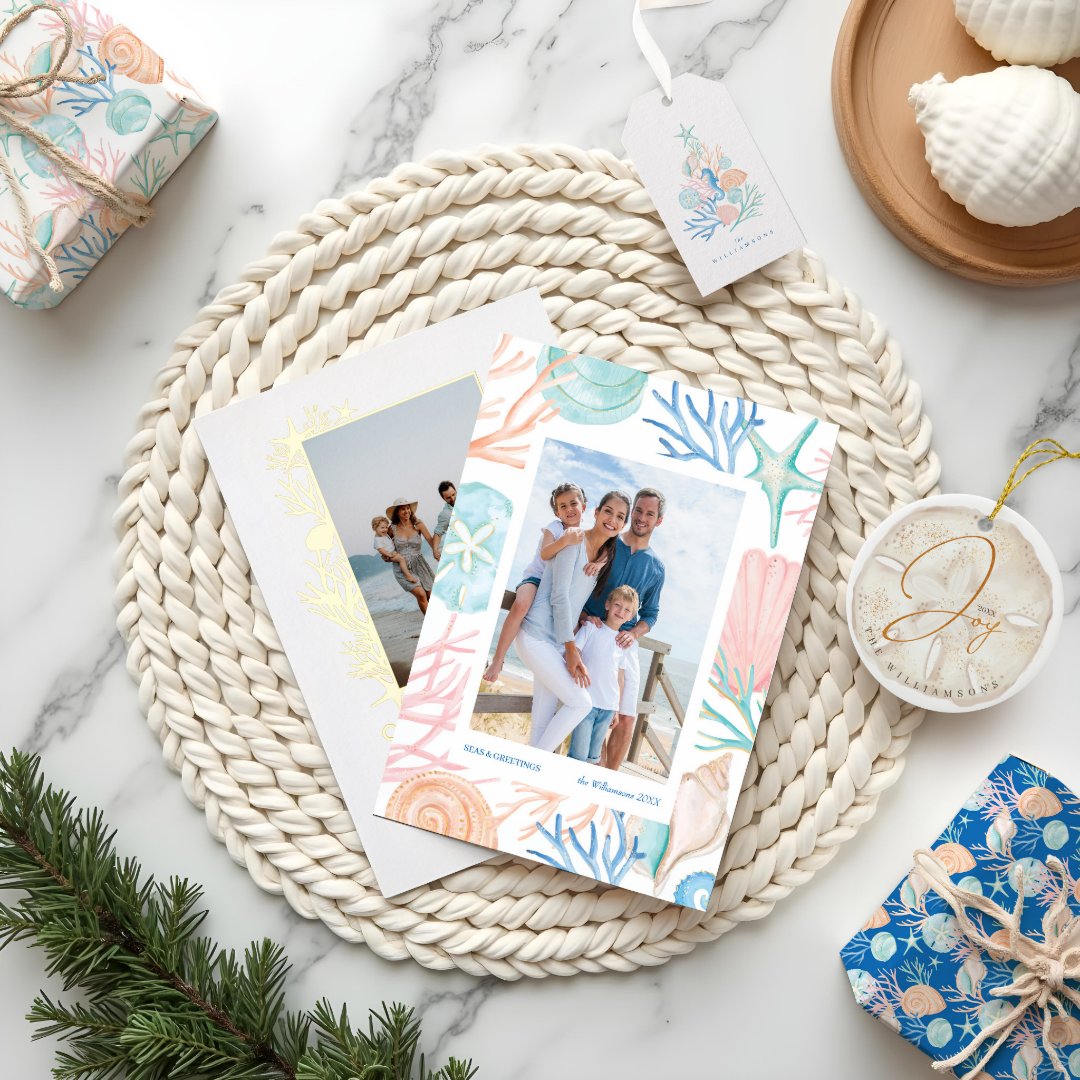 Joy Christmas Ocean Watercolor Seashell Ornaments Holiday Card | Zazzle