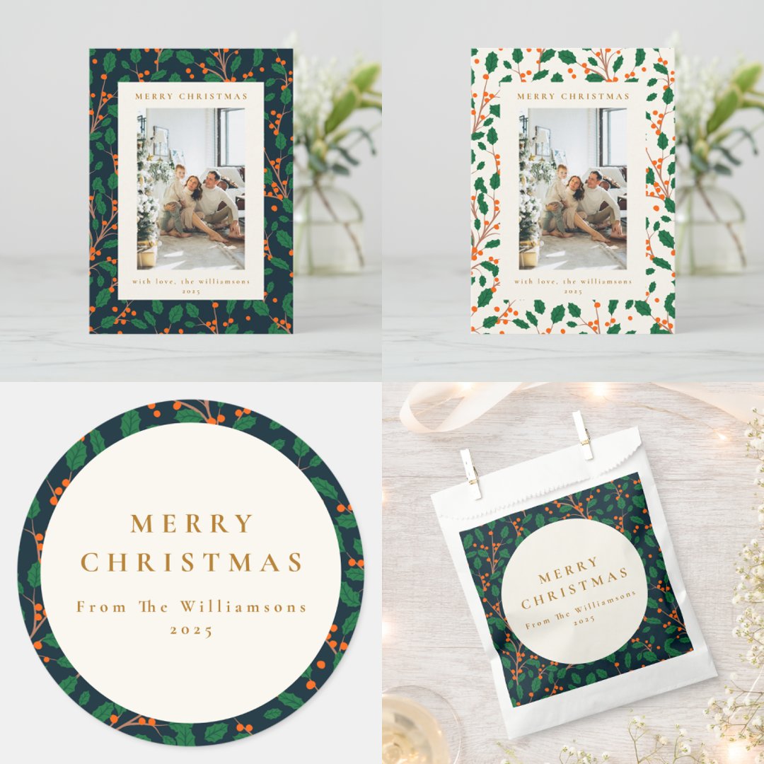 Christmas Holly Botanical Greenery Two Photo Navy Holiday Card | Zazzle