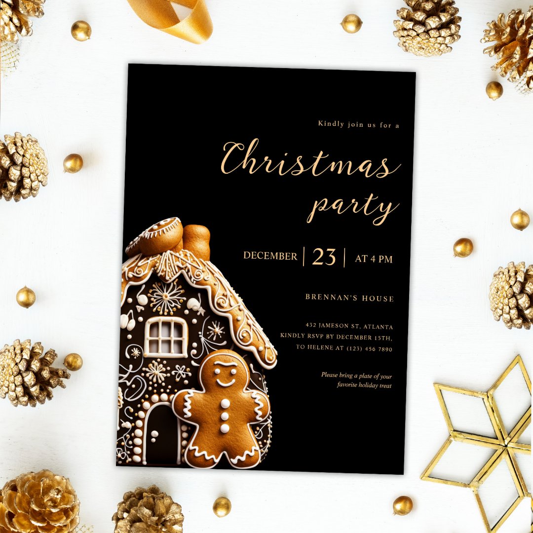 Christmas Party Red Gold Gingerbread Holiday Invitation | Zazzle