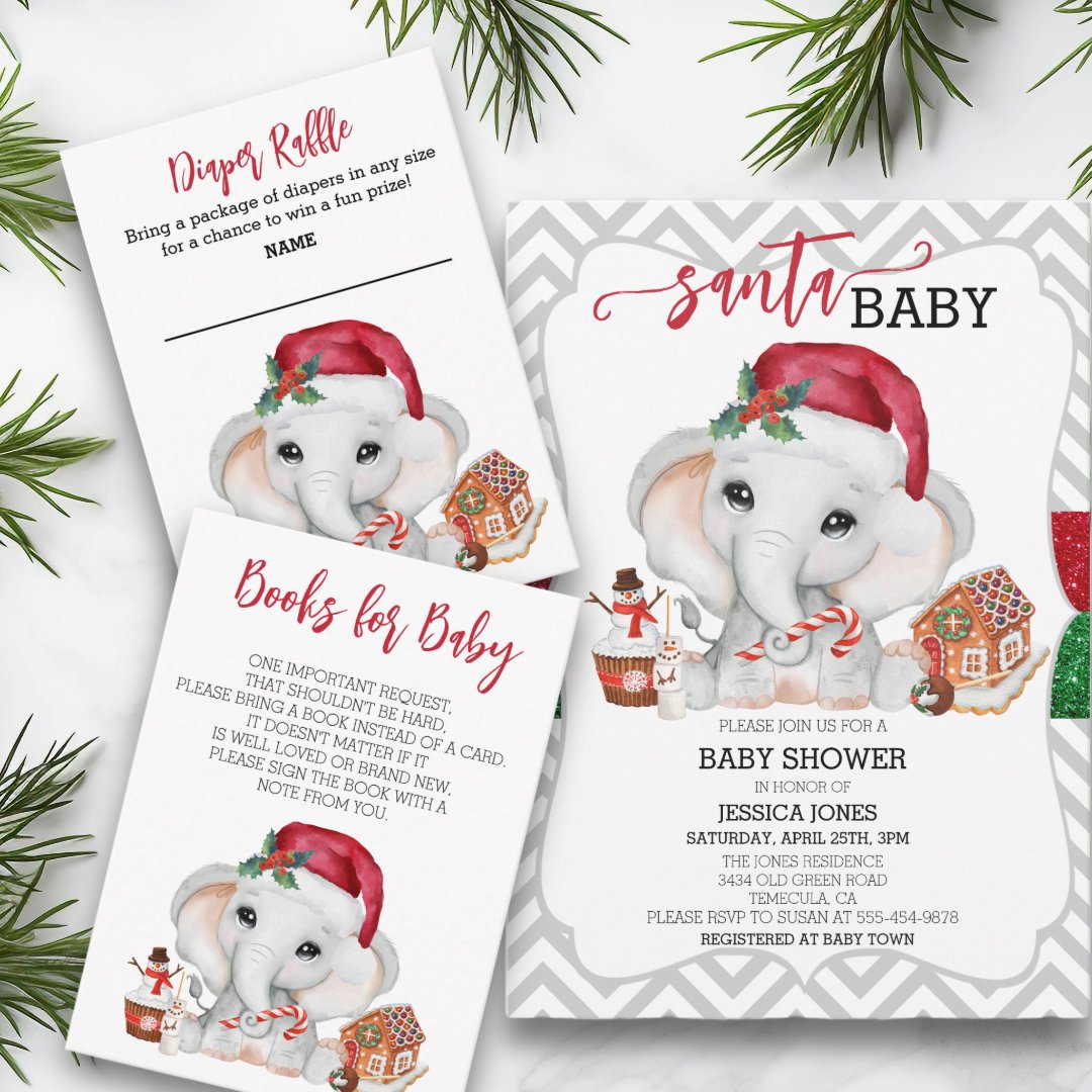 Santa Baby Shower Cute Holiday Elephant Chevron Invitation | Zazzle
