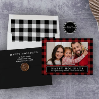 Black Buffalo Plaid Christmas Return Address Classic Round Sticker | Zazzle