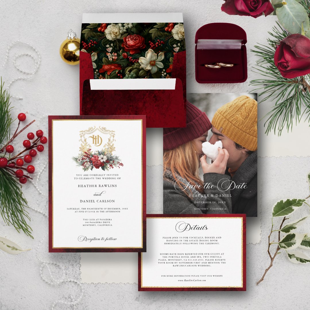 Classic Christmas Floral Crest Monogram Wedding All In One Invitation ...