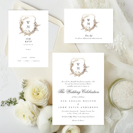 classic white monogrammed wedding gold crest foil invitation | Zazzle