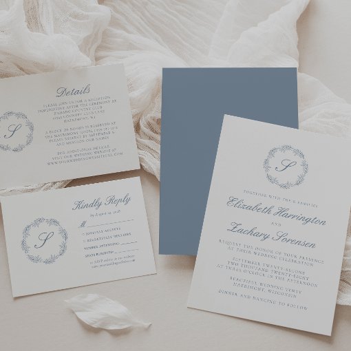 Dusty Blue Monogram Wreath White Script Wedding Invitation | Zazzle