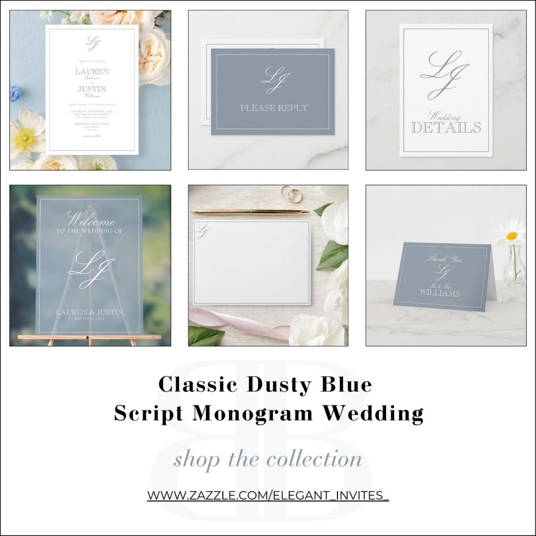 QR Code Classic Dusty Blue Script Monogram Wedding Invitation | Zazzle