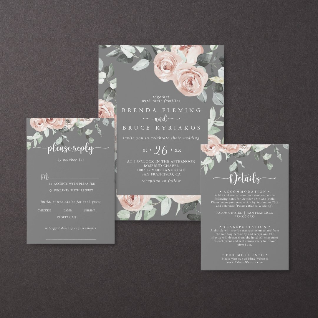 Classic Pink Rose Floral Gray Wedding Invitation | Zazzle