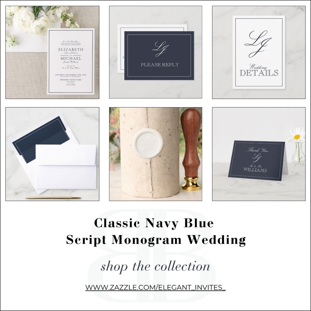 QR Code Navy Blue Classic Script Wedding Invitation | Zazzle