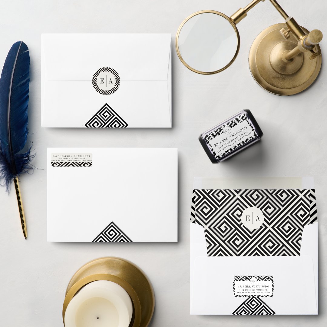 Geometric Greek Key Classic Chic Wedding Address Label | Zazzle
