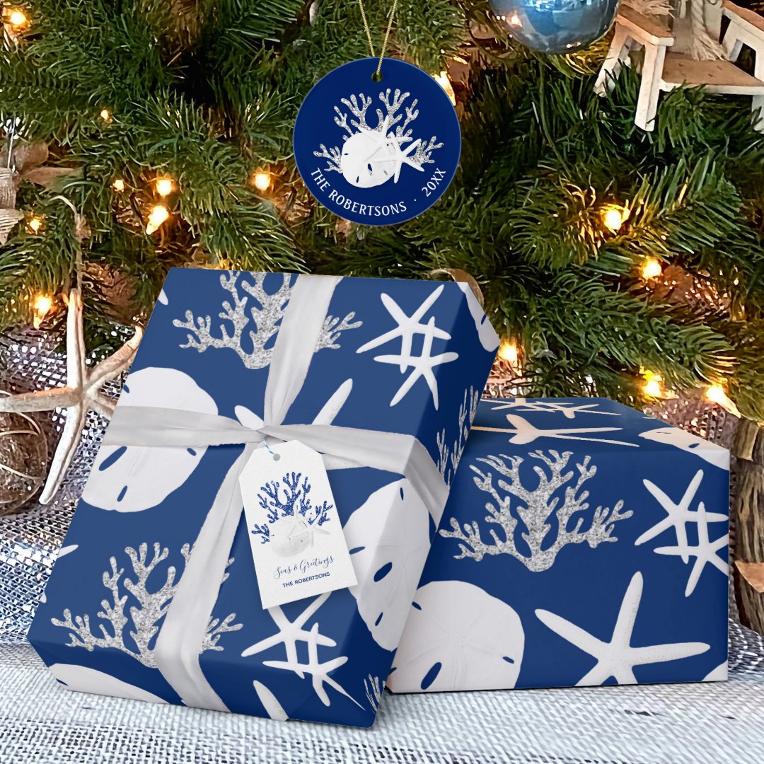Navy Blue Starfish Sand Dollar Christmas Wrapping Paper Sheets | Zazzle