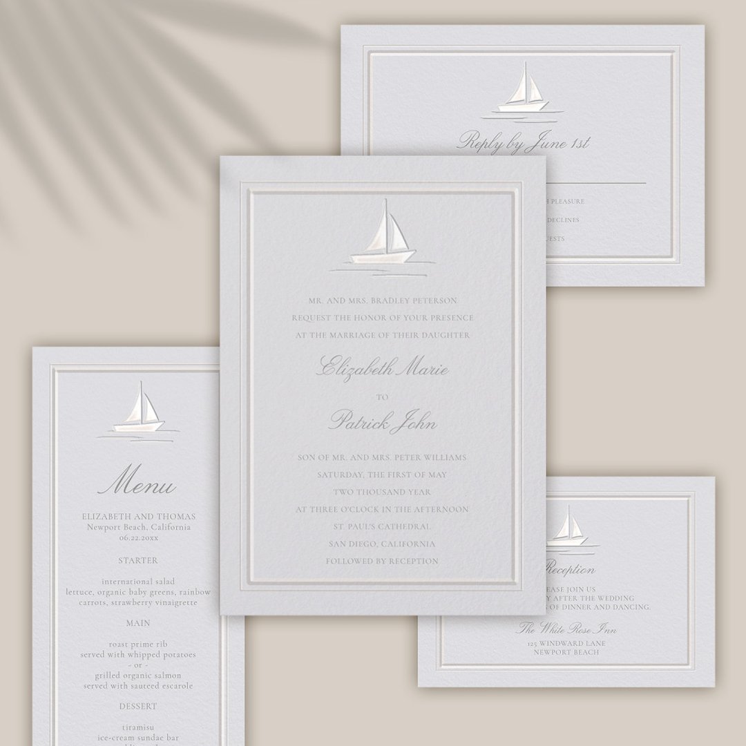 Faux Embossed Frame Boat Coastal Formal Wedding Invitation | Zazzle