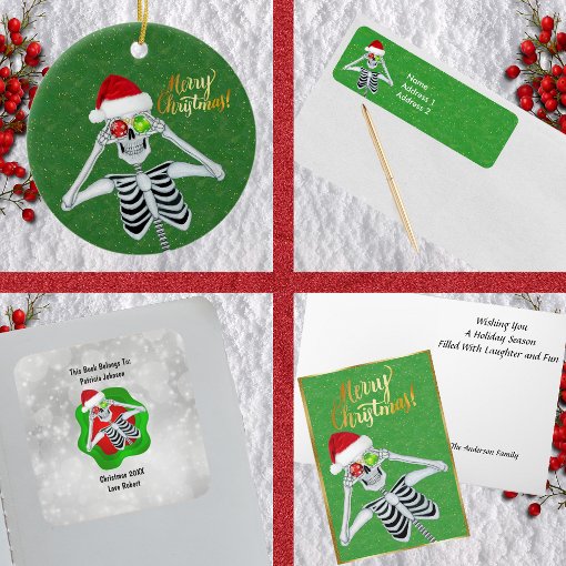 Cute Smiling Skeleton Ornaments Santa Hat Green Holiday Card | Zazzle