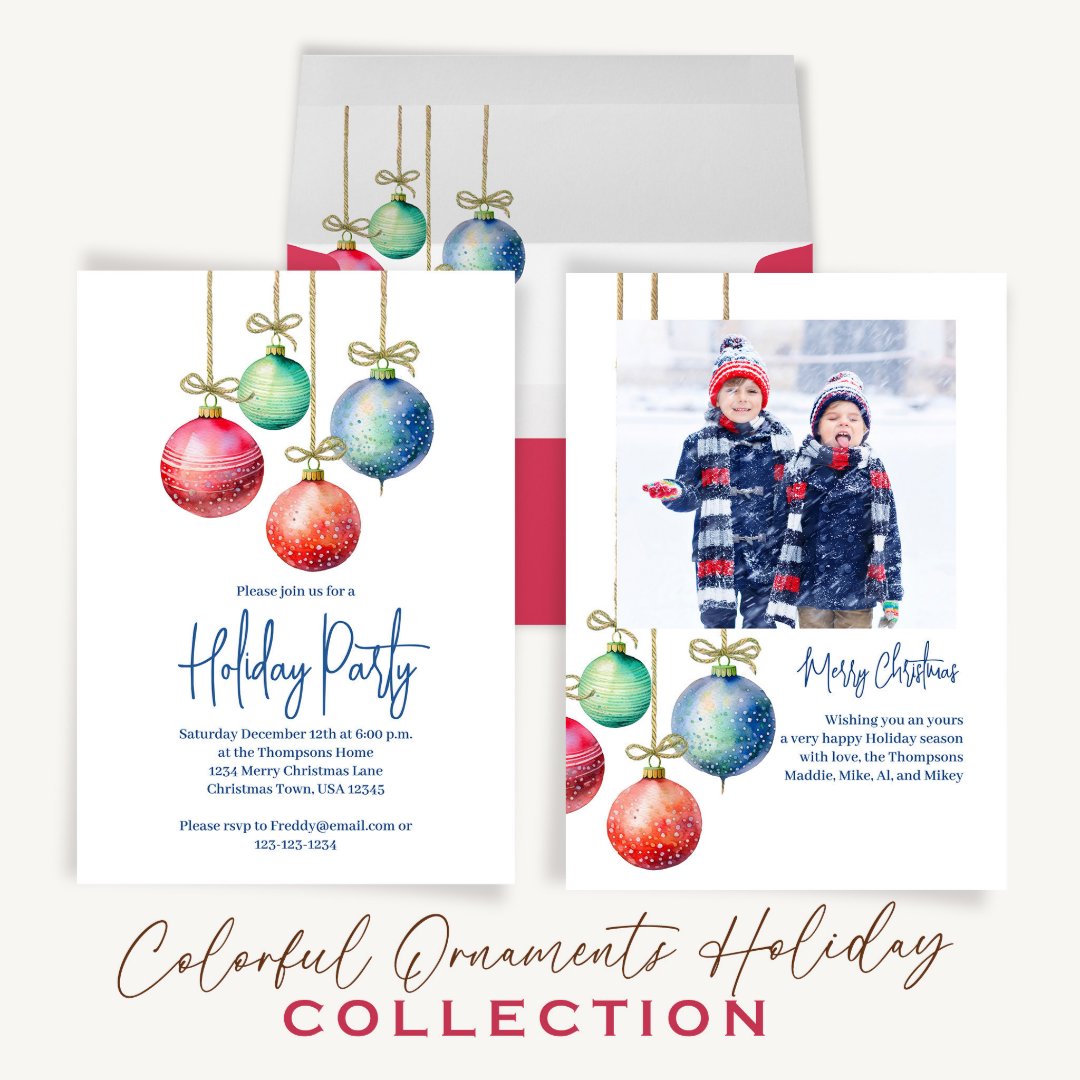 Merry Christmas Photo Collage Watercolor Ornaments Holiday Card | Zazzle