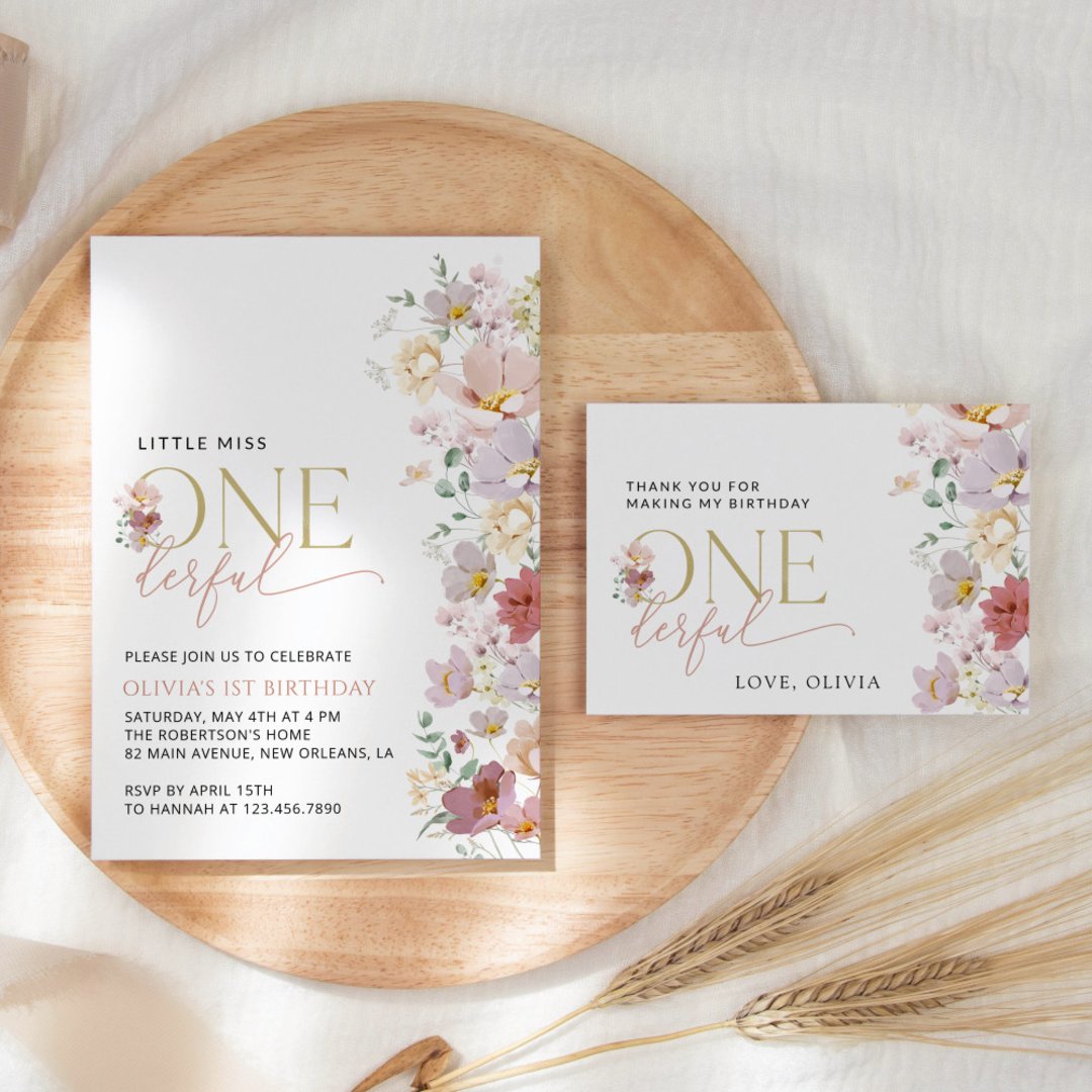 Colorful Flowers, Wildflowers, First Birthday Thank You Card | Zazzle