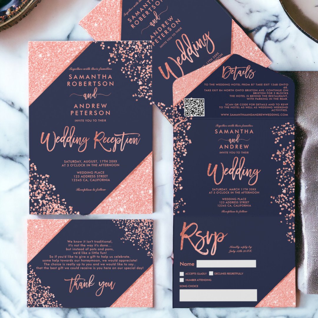 Coral glitter confetti navy blue wedding reception invitation | Zazzle