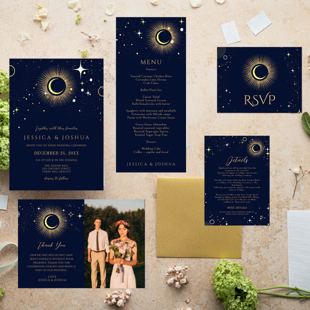Starry Night Navy Blue Celestial Galaxy Wedding Menu | Zazzle