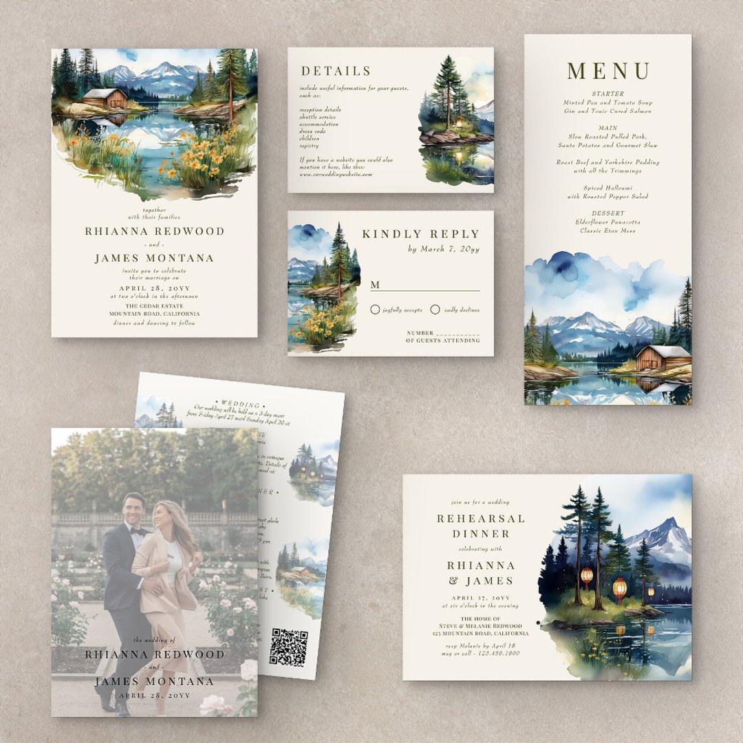 Watercolor Country Lake Photo Wedding Invitation | Zazzle