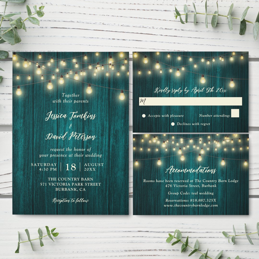 Rustic Country Teal Wood String Lights Wedding Invitation | Zazzle