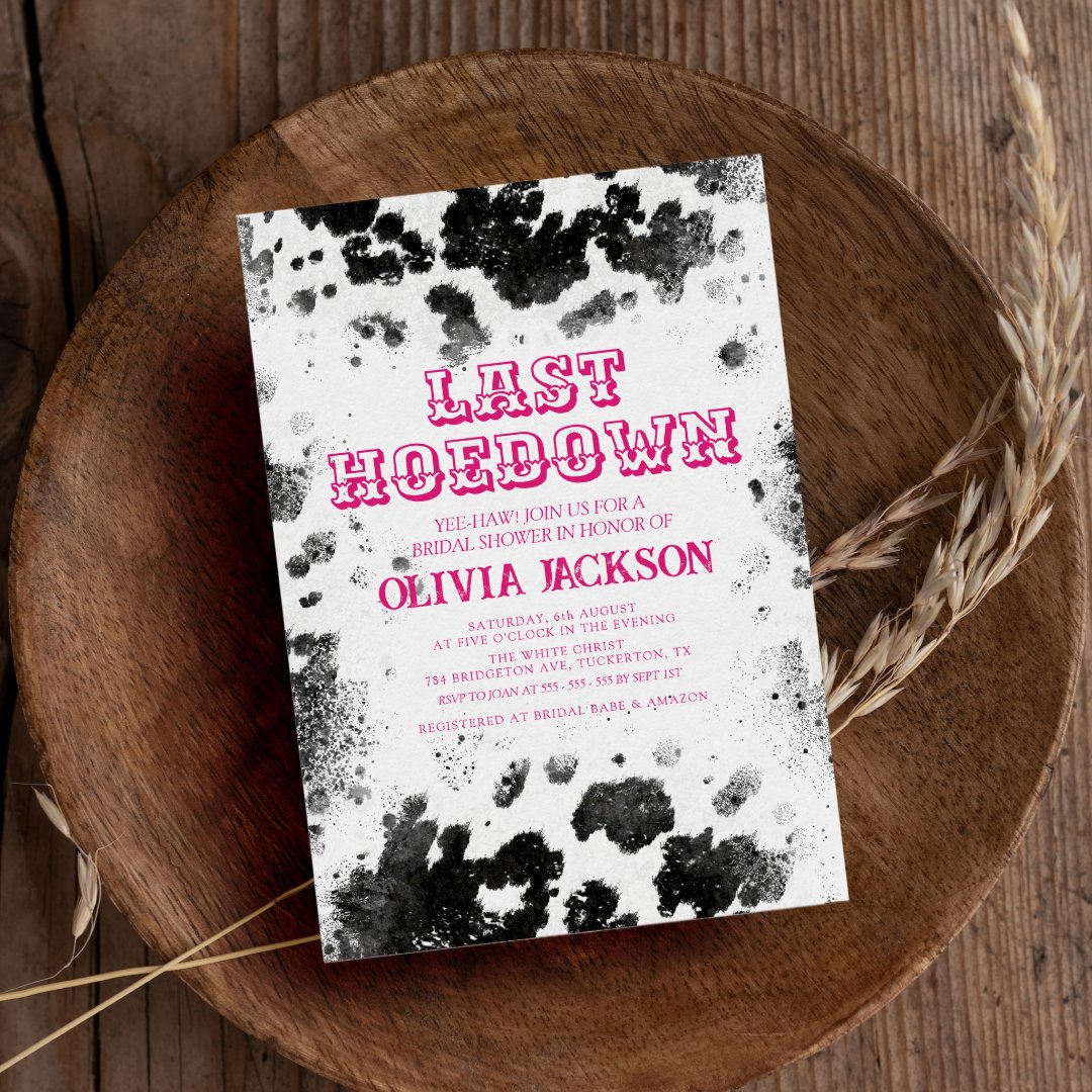Last Hoedown Cow Print Hot Pink Bridal Shower Invitation | Zazzle