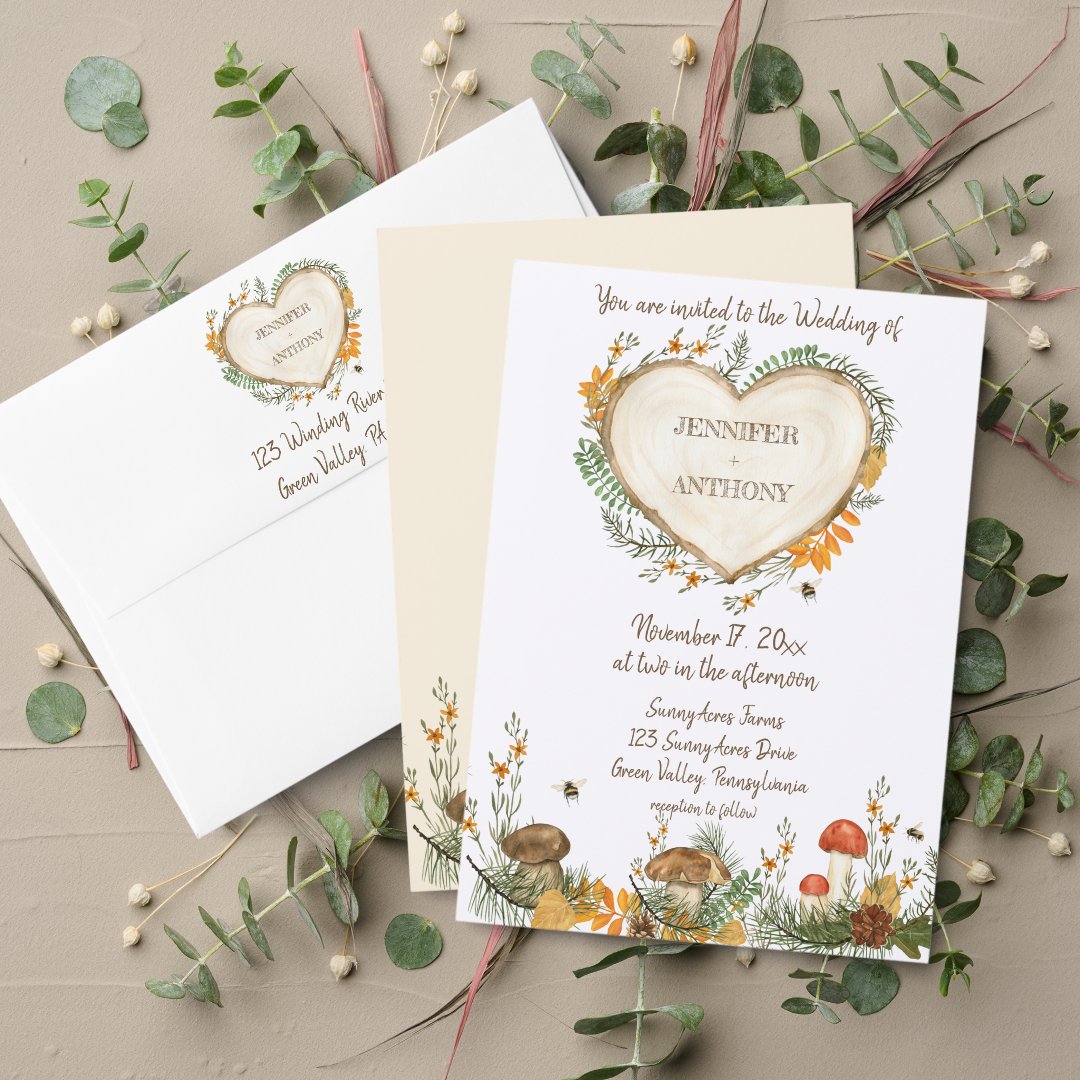 Cozy Woodland Cottagecore Wooden Heart Wedding Invitation | Zazzle