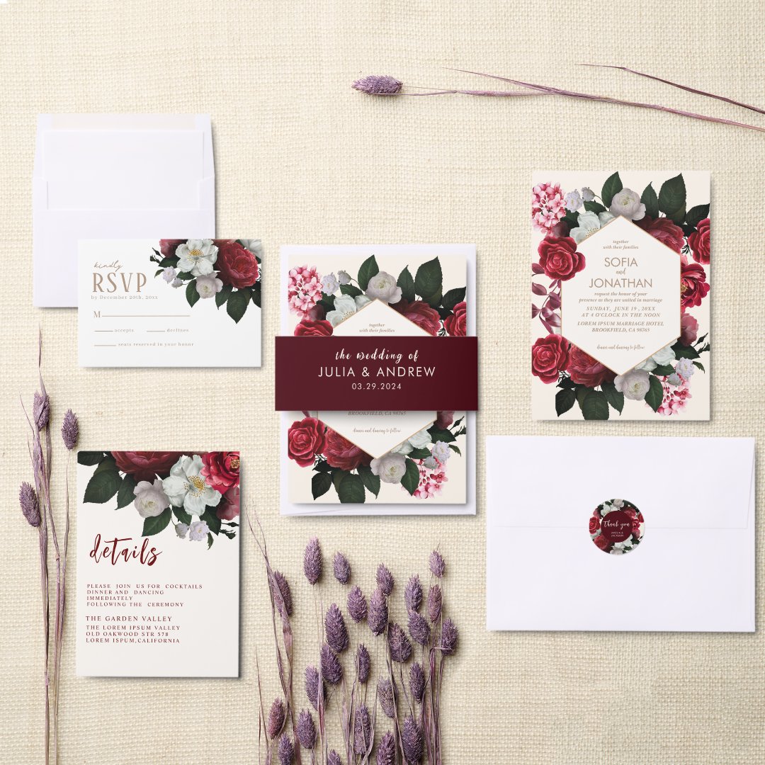 Modern Maroon Rustic Floral Fall Wedding Invitation | Zazzle
