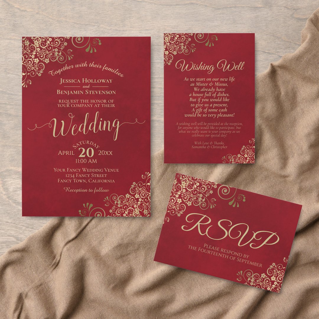 Elegant Crimson Red & Gold Modern Catholic Wedding Invitation | Zazzle