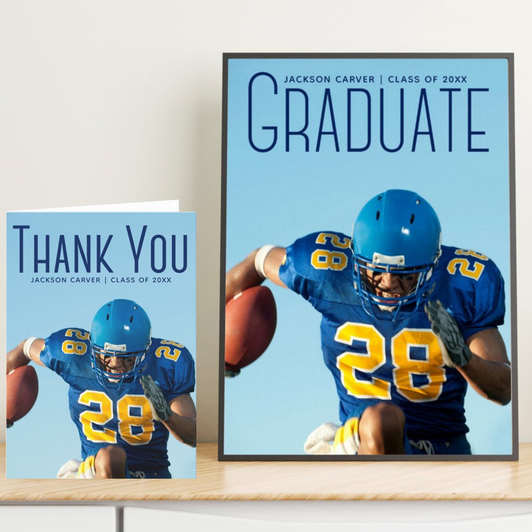 Blue Script Overlay Graduate Photo Football Player Graduation Cap ...