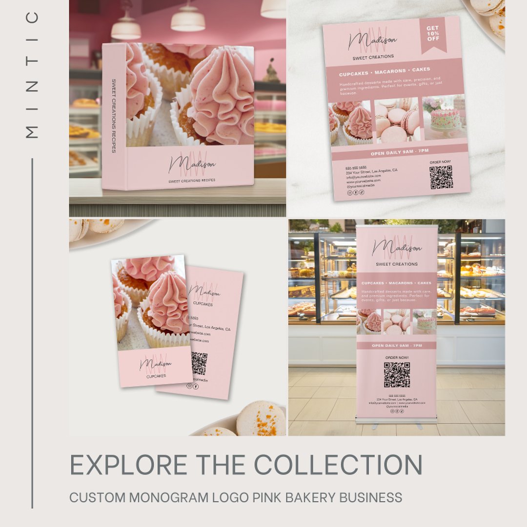 Bakery Monogram Logo Photo QR Business Pink Retractable Banner | Zazzle