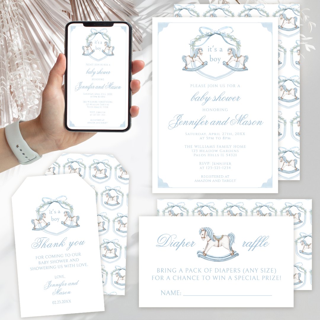 Cute blue rocking horse classic baby boy shower invitation | Zazzle