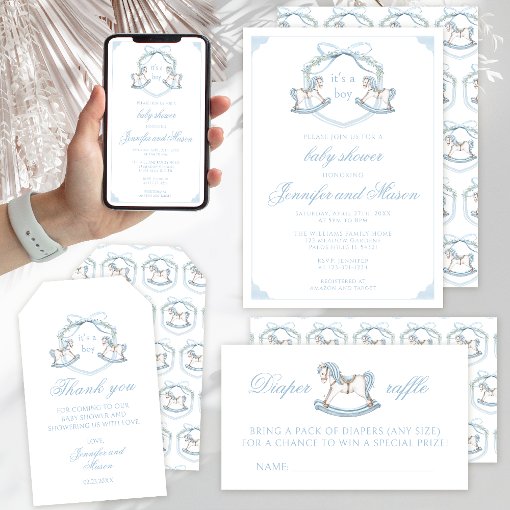 Cute blue rocking horse crest boho baby boy shower invitation | Zazzle