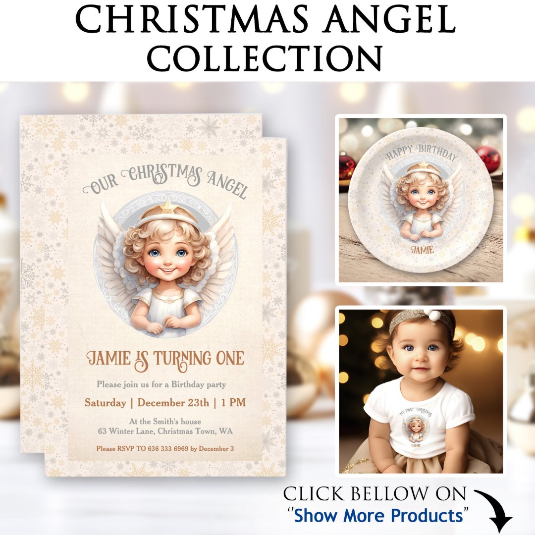 Cute Christmas Angel 1st Birthday Invitation | Zazzle