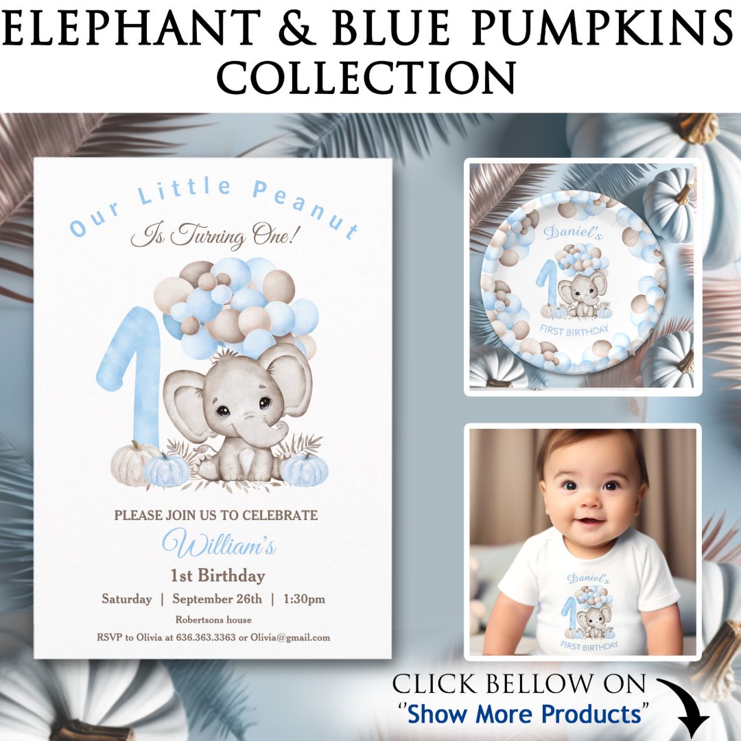 First Birthday Cute Elephant Fall Boy Invitation | Zazzle